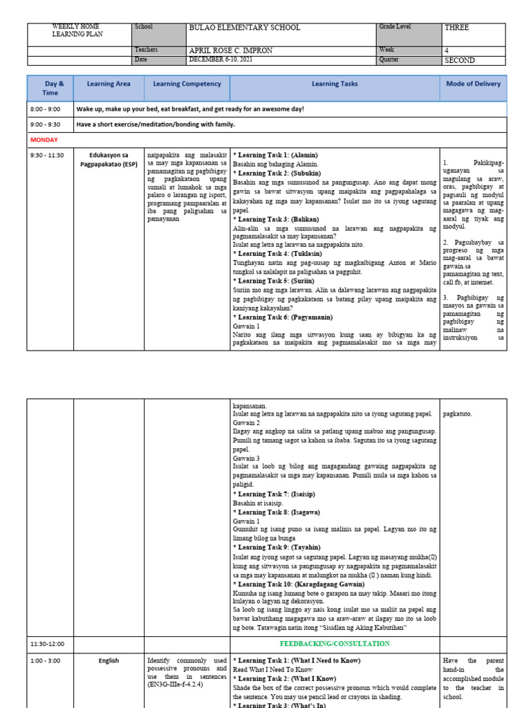WHLP Detailed Grade 3 Q2 W4 All Subjects | PDF