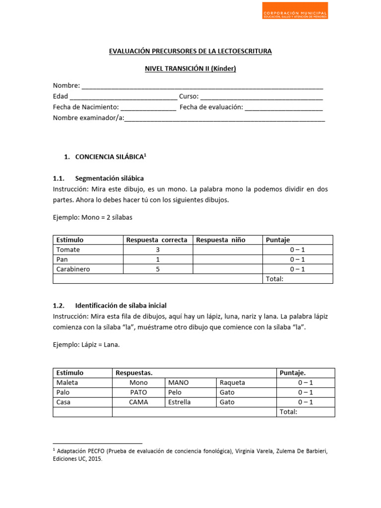 Evaluación Pl Nivel Transicion Ii Pdf Sílaba Voz Humana