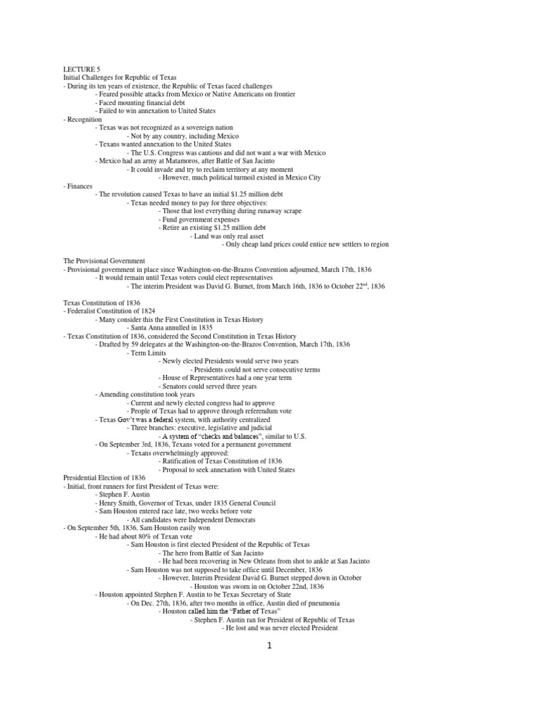 Texas History 2301 Unit 2 Lectures 5 Through 8 Students | PDF | Texas