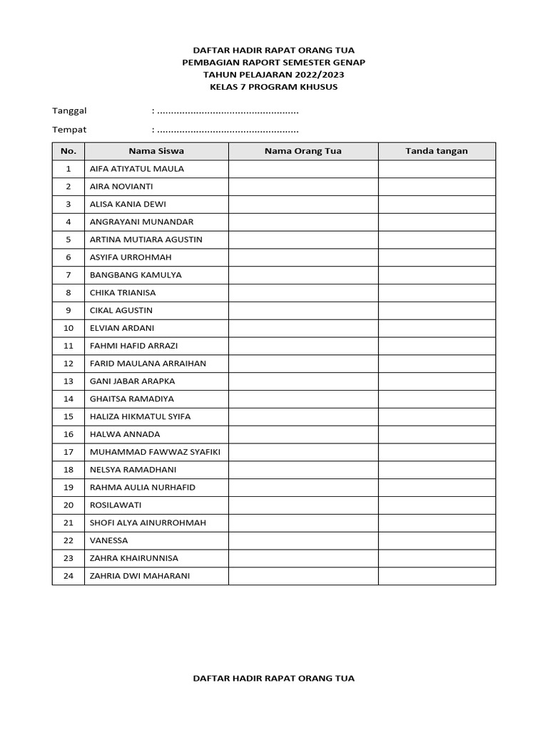 Daftar Hadir Rapat Orang Tua | PDF