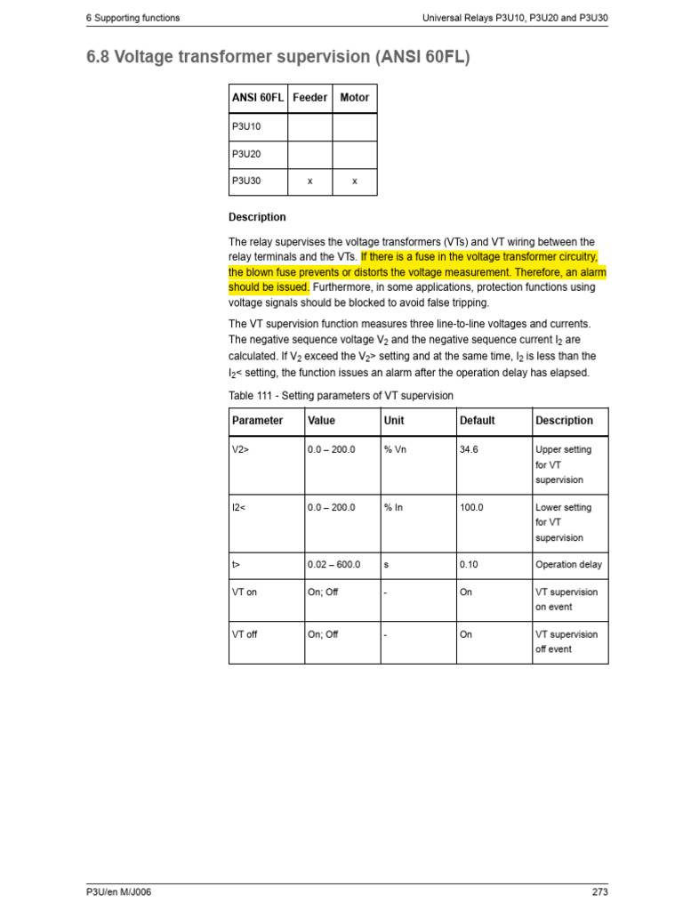 P3U30 Relay PT Fuse Failure Protection | PDF | Relay | Fuse (Electrical)
