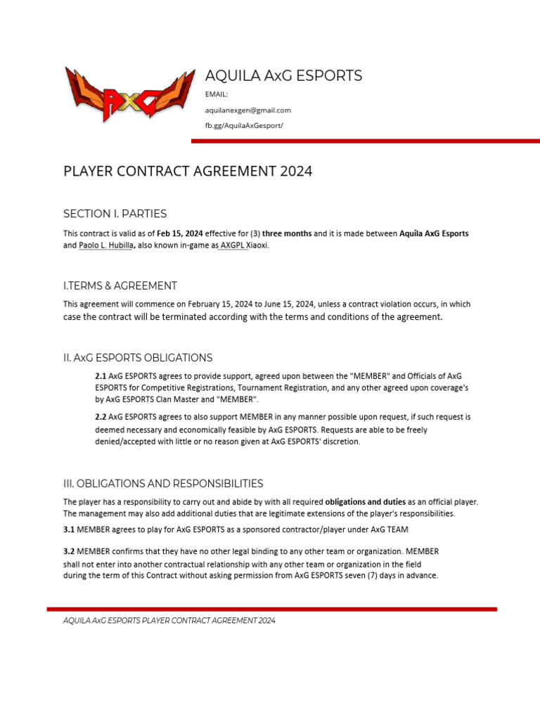 Aquila AxG Esports Player Contract 2024 | PDF | Business Law | Civil ...