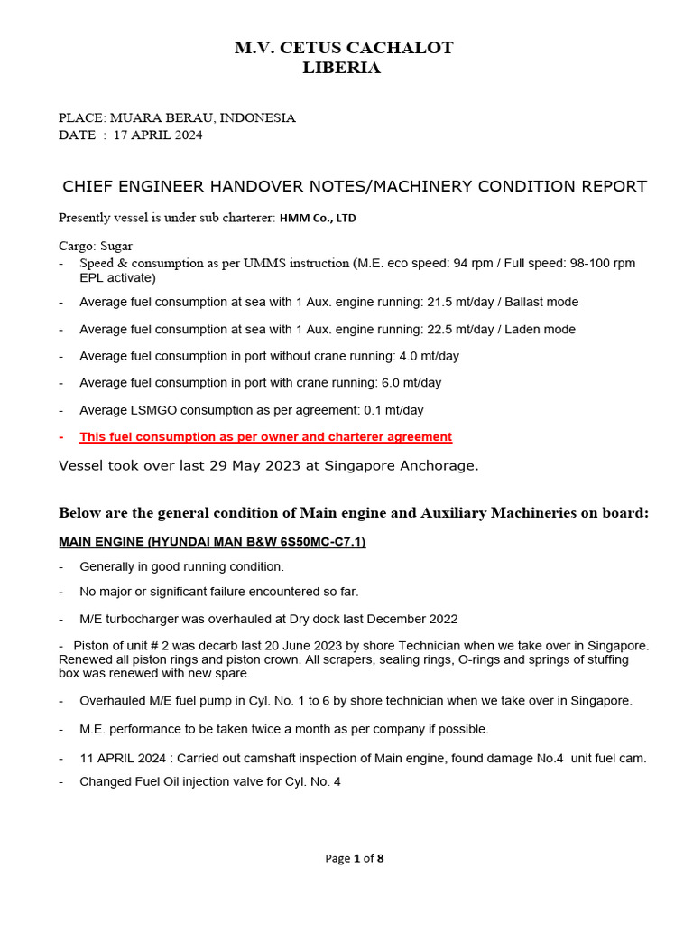 CH - Engr. Handover Notes - Machinery Condition Report | PDF | Pump ...