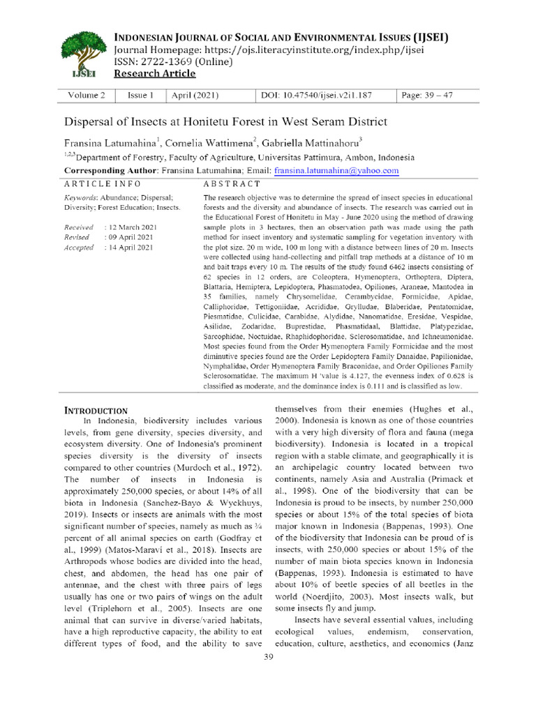 View of Dispersal of Insect at Honitetu Forest in West Seram District | PDF