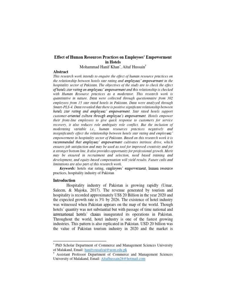 Effect of Human Resources Practices On Employees' Empowerment in Hotels ...