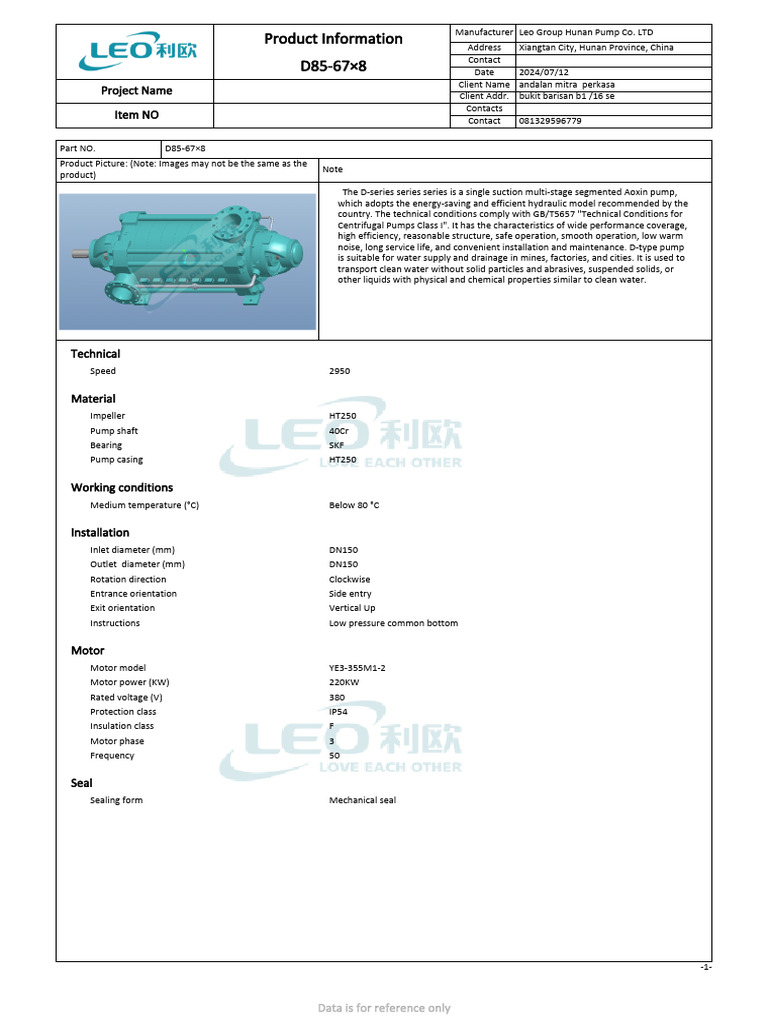 D85-67×8 Pump Specifications | PDF | Pump | Gas Technologies