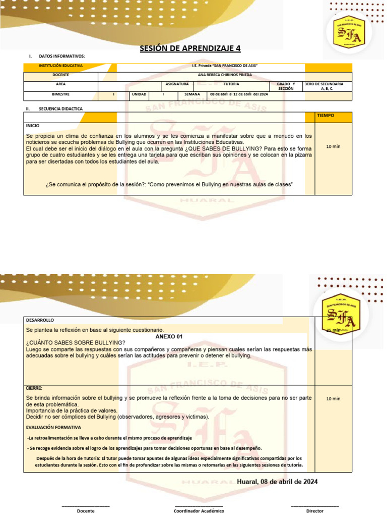 Sesion de Aprendizaje Bullying Secundaria 2024 | PDF | Aprendizaje | Evaluación