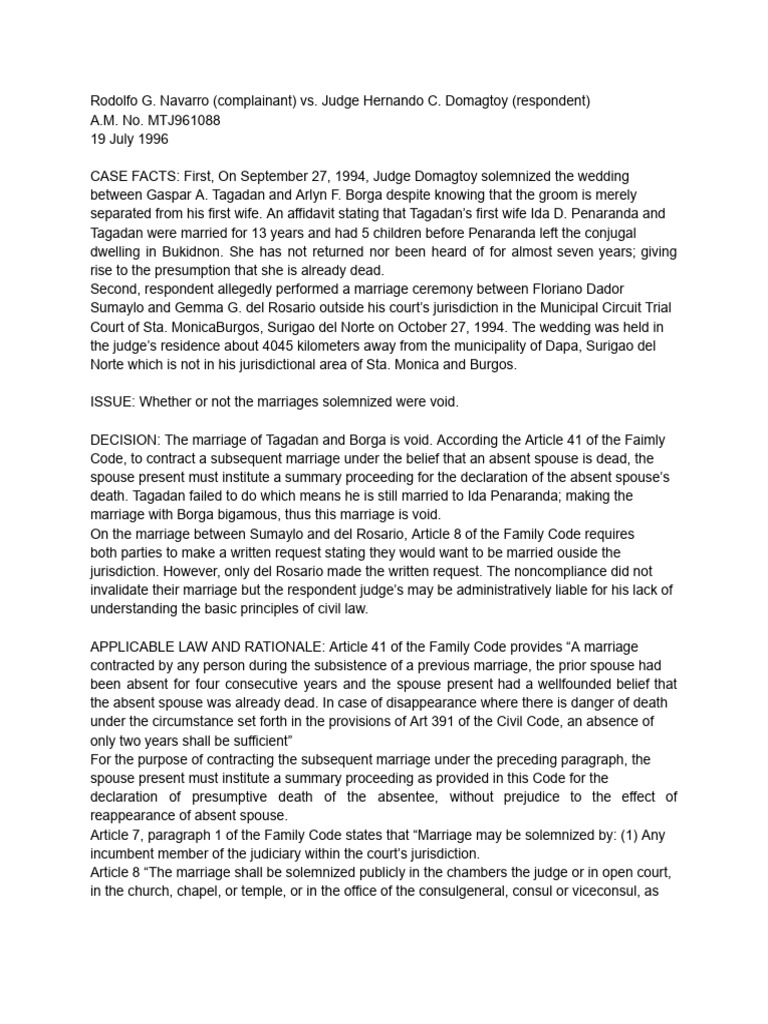 Rodolfo G. Navarro (Complainant) vs. Judge Hernando C. Domagtoy (Respondent) | PDF | Marriage ...