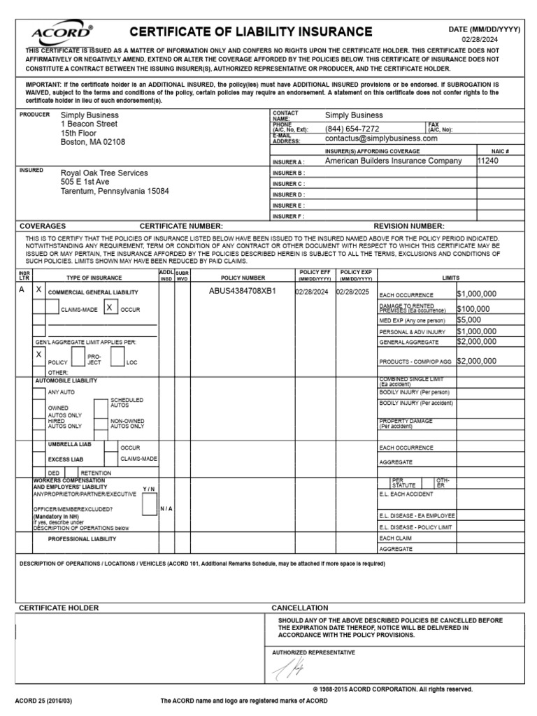 ABUS4384708XB1-Royal Oak Tree Services-Usa-Acord Certificate of Insurance | PDF | Insurance ...