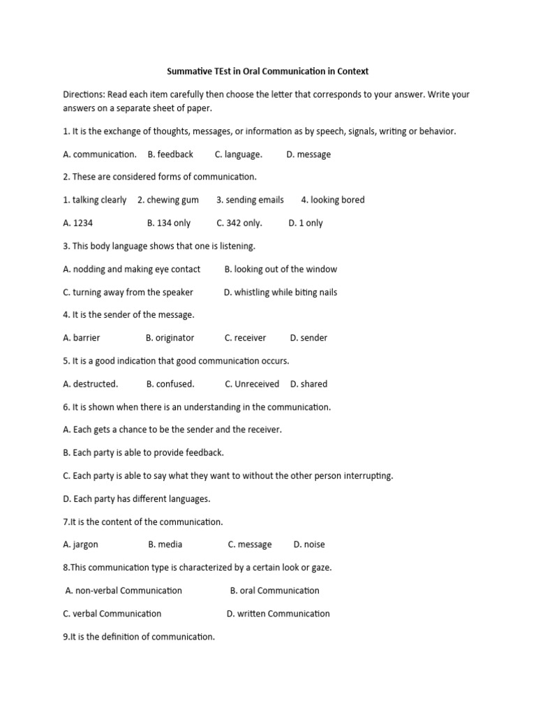 Summative TEst Oral comm | PDF | Communication | Nonverbal Communication