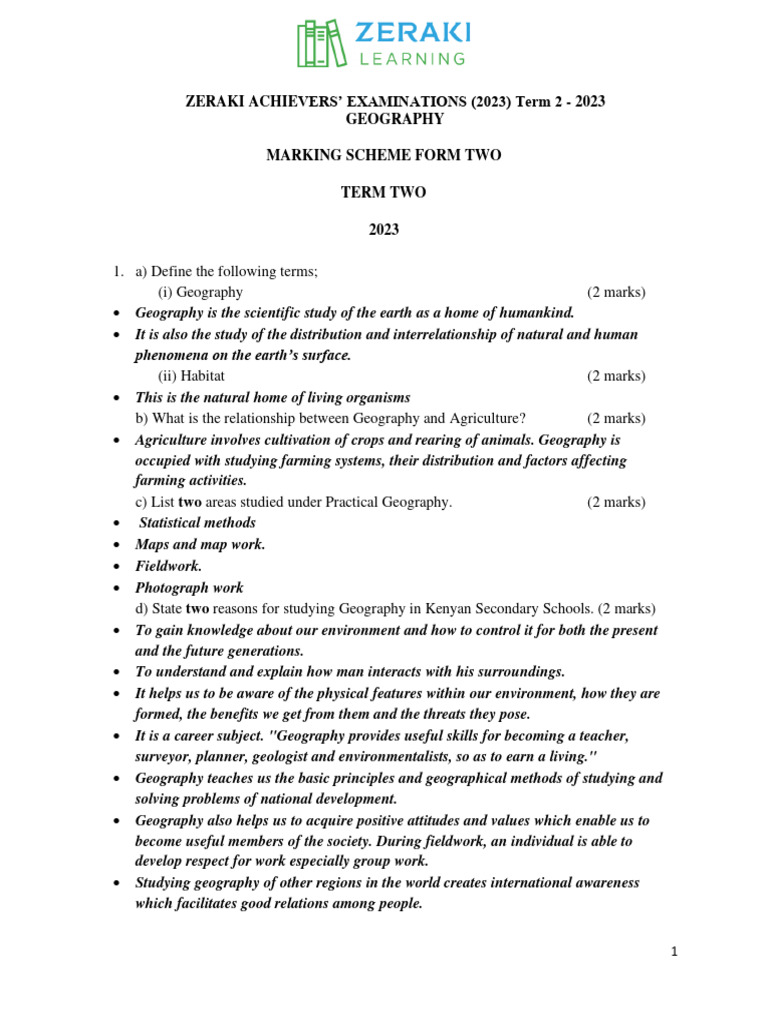 Geography Form 2 Marking Scheme Zeraki Achievers 10.0 July 2023 | PDF ...