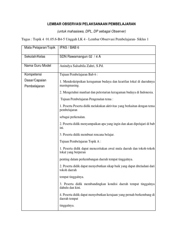 Topik 4 01.05.6-B4-5 Unggah LK 4 - Lembar Observasi Pembelajaran- Siklus 1 Oleh Anindya ...