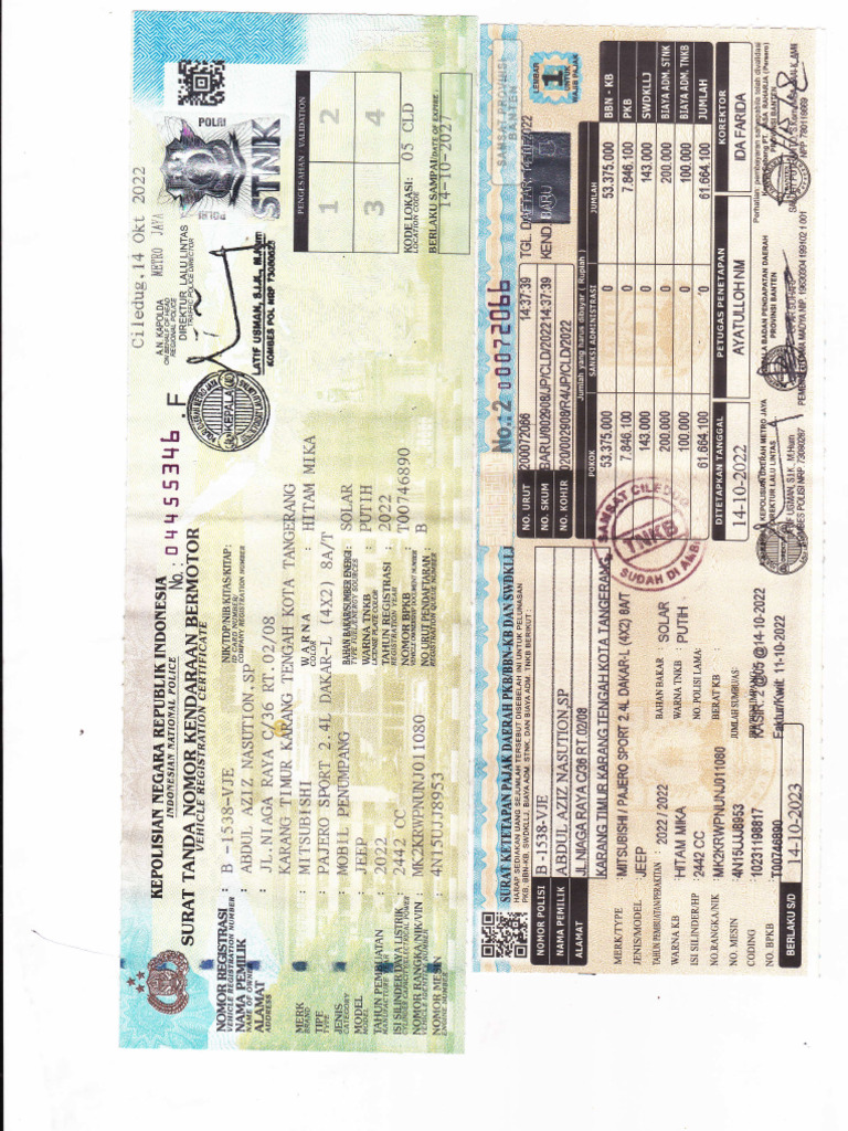 STNK Pajero Sport B 1538 Vje | PDF