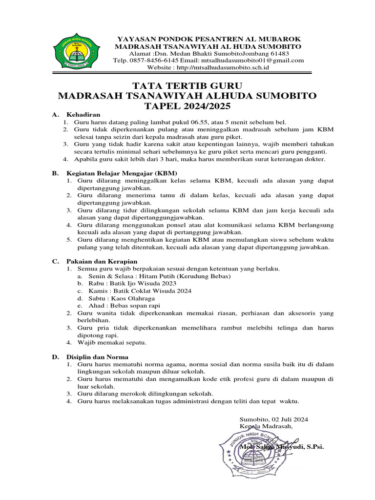Tata Tertib Guru MTS Al Huda | PDF