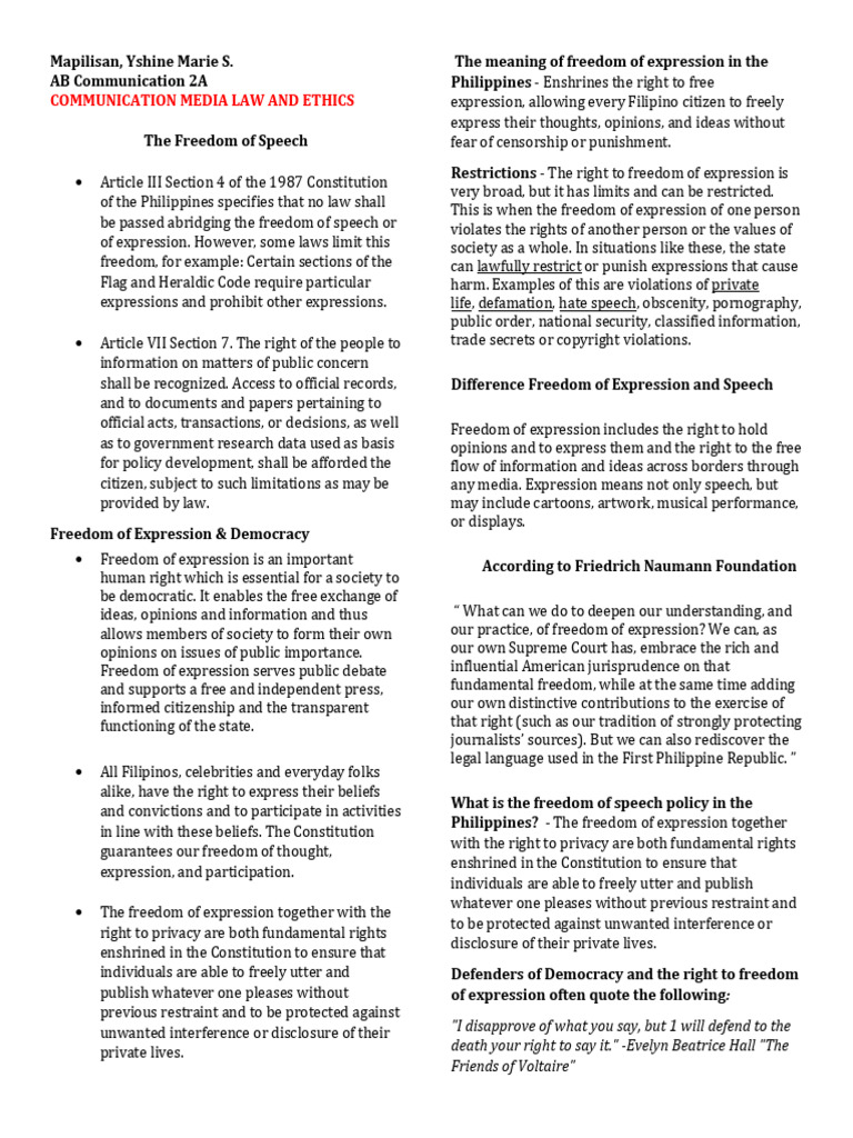 Philippine Freedom of Speech Laws | PDF | Freedom Of Speech | Defamation