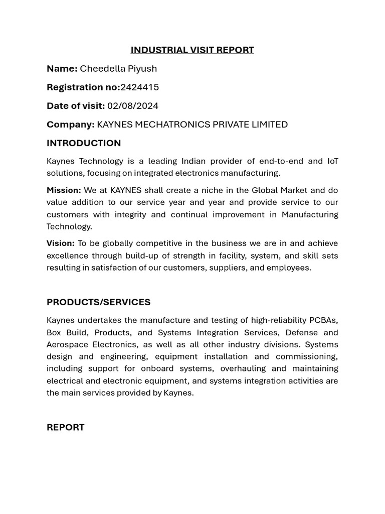 Industrial Visit: Kaynes Insights | PDF