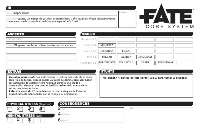 Jasper Quinn Fate Core Sheet | PDF