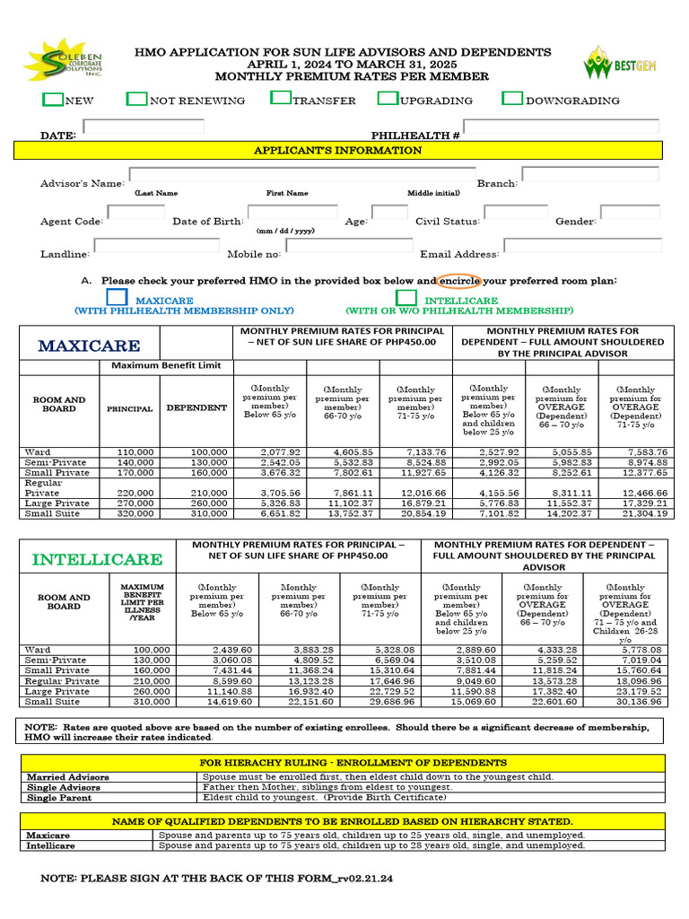 HMO APPLICATION - 2024-2025 - Final-Blank | PDF | Insurance | Social ...