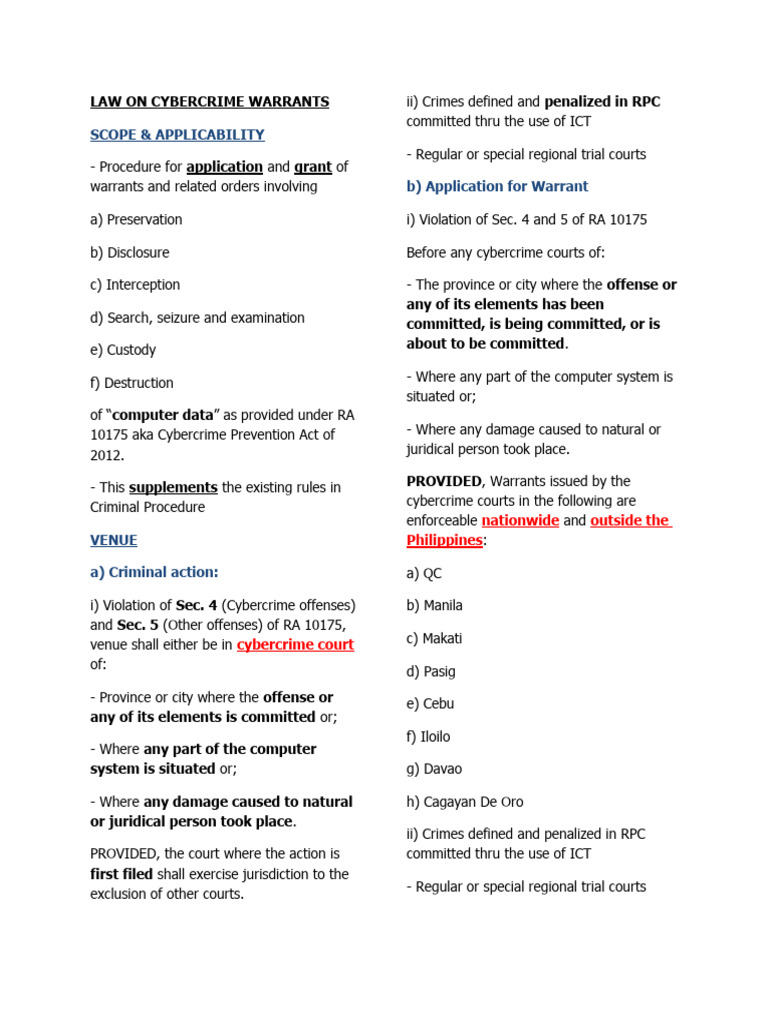 Personal Notes On LAW ON CYBERCRIME WARRANTS | PDF | Search Warrant ...