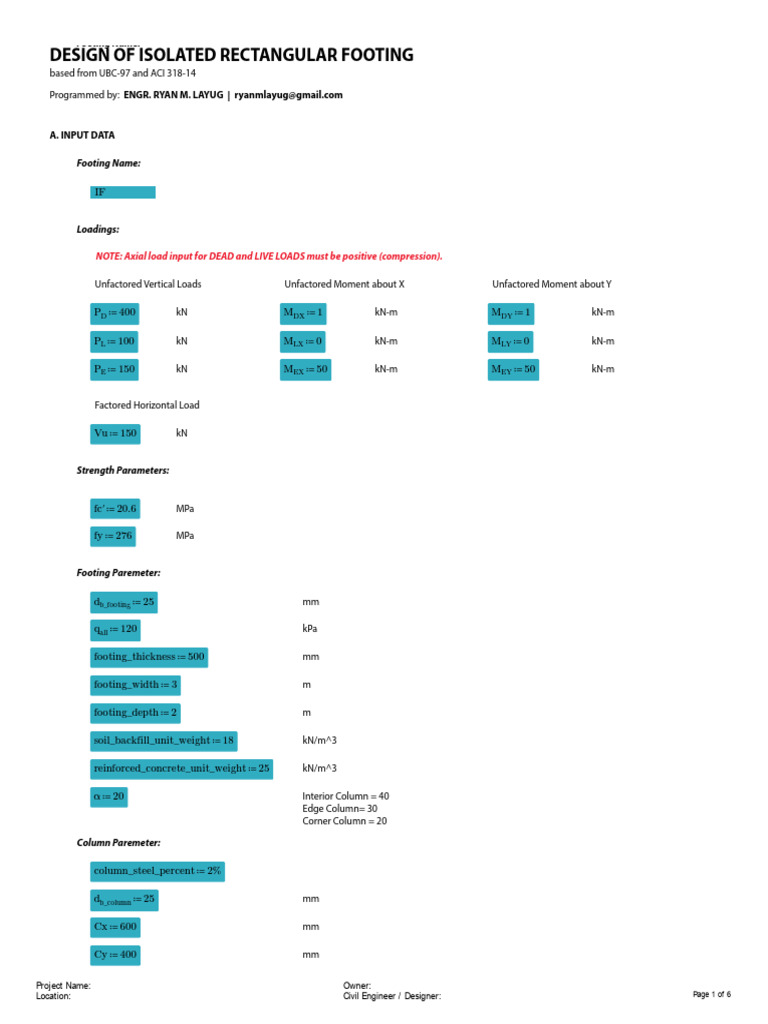Design of Isolated Rectangular Footing Using Mathcad Prime | PDF ...