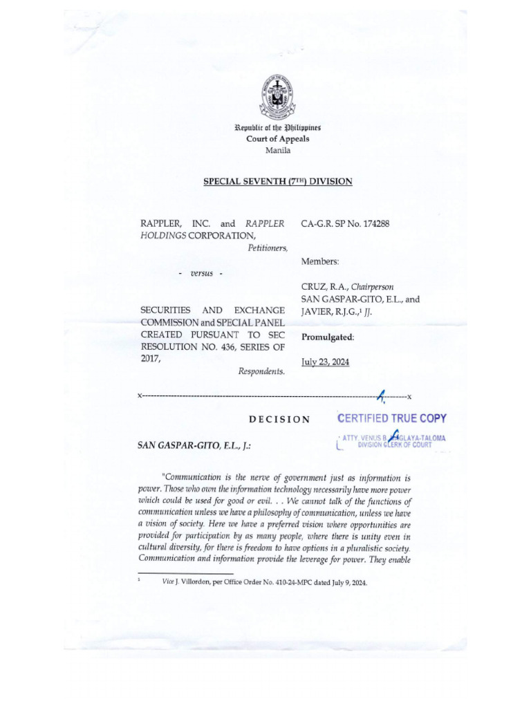 CA Decision AuguSt 2024 - Rappler SEC Case | PDF