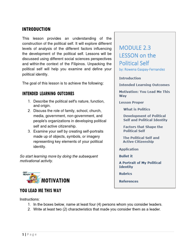 M2L3 Political Self Rev3 | PDF | Identity (Social Science) | Citizenship