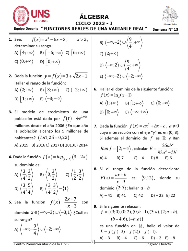 ÁLGEBRA SEM 13 - 2023 I | PDF | Entero | Función (Matemáticas)