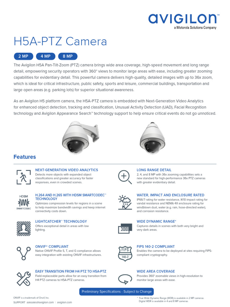 Avigilon H5a PTZ Dome Camera Datasheet PRELIM Nov24 | PDF | Pixel