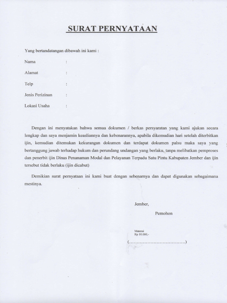 PTSP - Form Surat Pernyataan Keaslian Dokumen | PDF