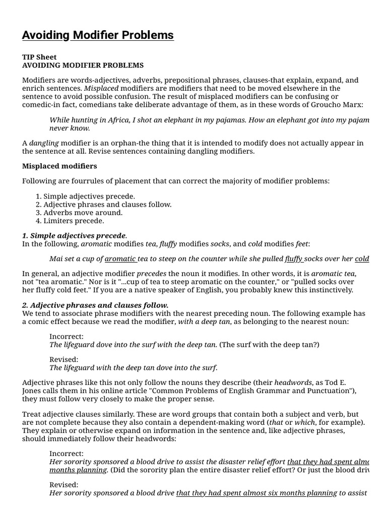 Avoiding Modifier Problems - TIP Sheets - Butte College1 | PDF | Adverb | Adjective