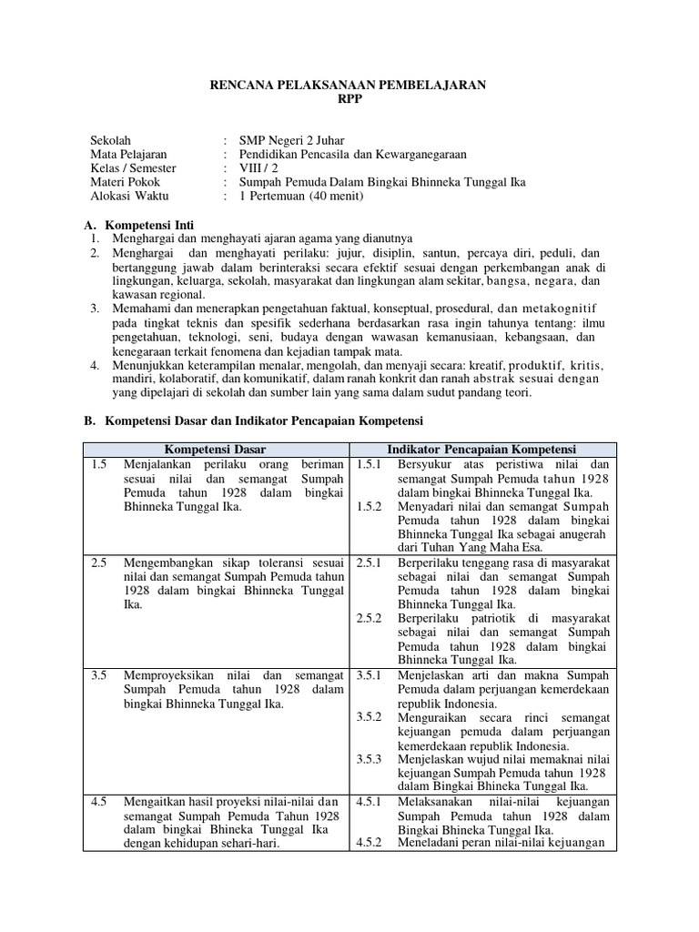 RPP Sumpah Pemuda Dalam Bingkai Bhinneka Tunggal Ika | PDF | Karier ...