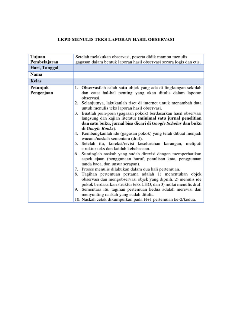 LKPD MENULIS TEKS LAPORAN HASIL OBSERVASI | PDF