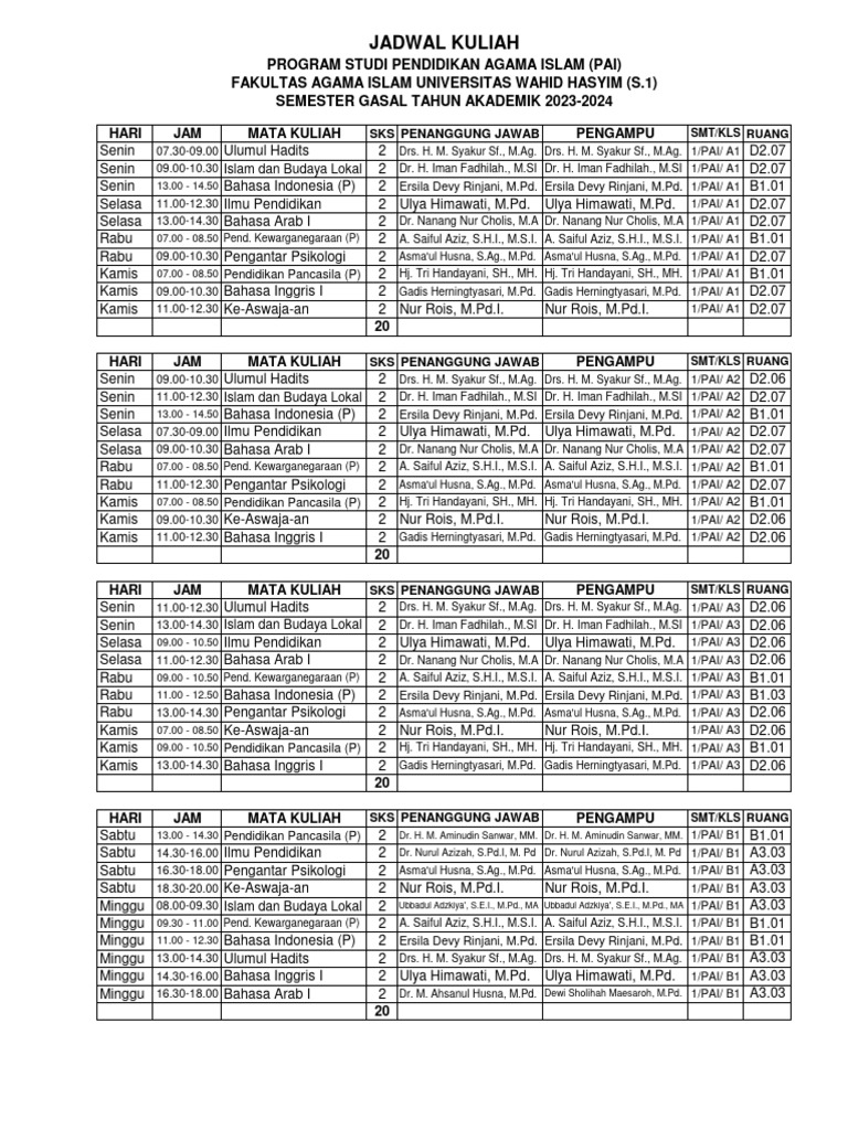 Jadwal Kuliah PAI Semester Gasal 2023-2024 | PDF | Self-Improvement | Science & Mathematics