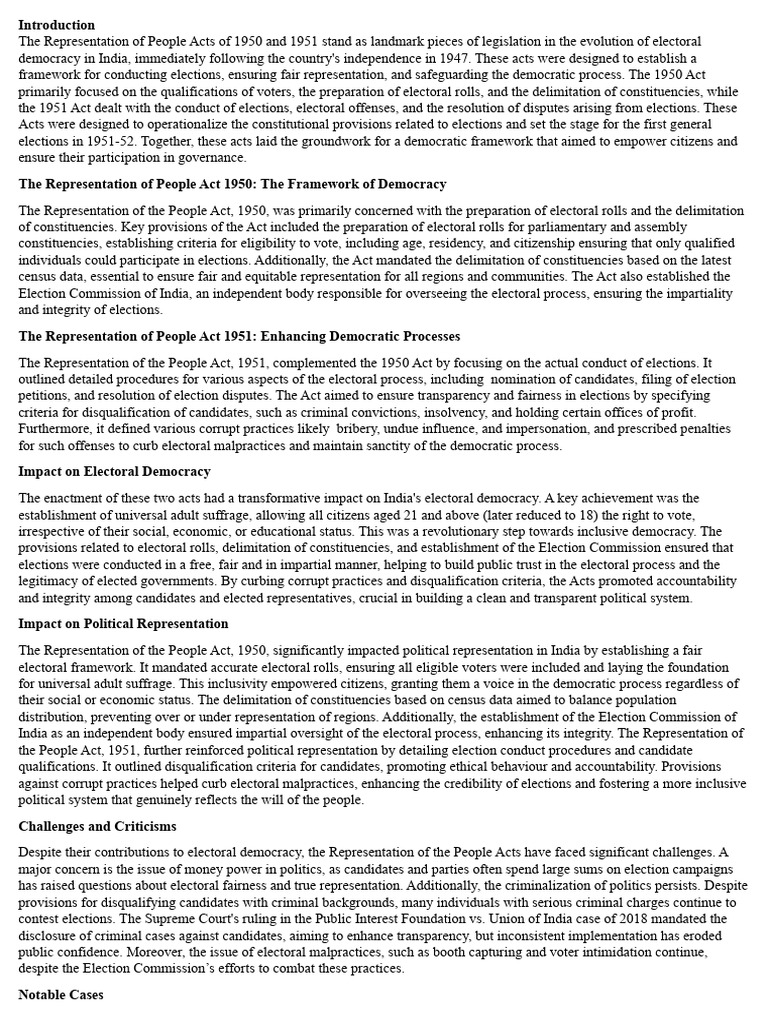 RPA ACT OF 1950 &1951 by Afreen Shah | PDF | Elections | Democracy