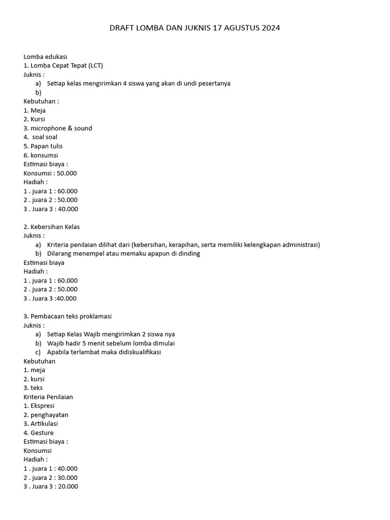 Draft Lomba Dan Juknis 17 Agustus 2024-1 | PDF | Olahraga & Rekreasi