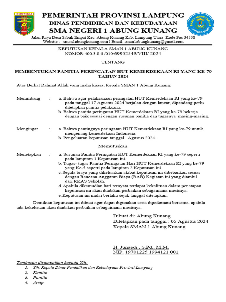 SK Panitia Hut Ri Ke 79 Tahun 2024 Smanaku | PDF | Perjalanan