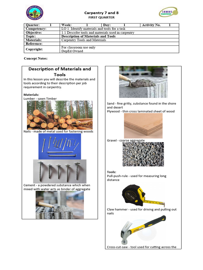 Carpentry 7&8 LAS Q1 W1-D1 Description of Materials and Tools | PDF ...