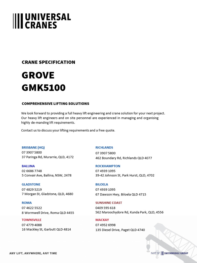 100T Grove GMK5100 Specifications | PDF | Brake | Axle