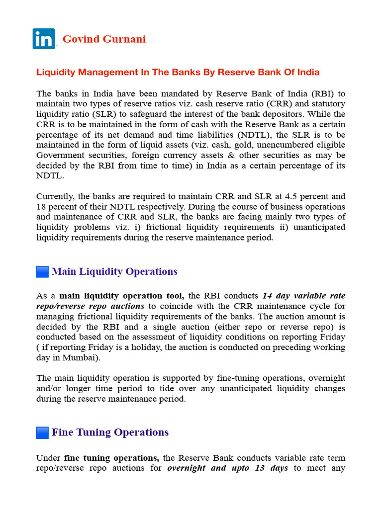 RBI Liquidity Management for Banks | PDF | Reserve Bank Of India ...