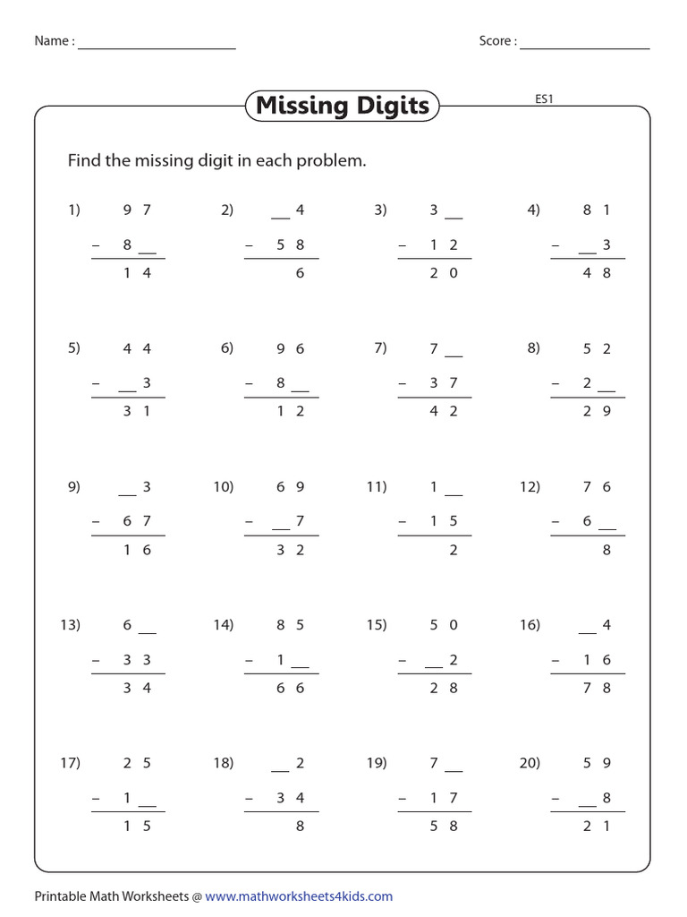 Worksheets 2nd Grade Subtraction Missing Easy All | PDF
