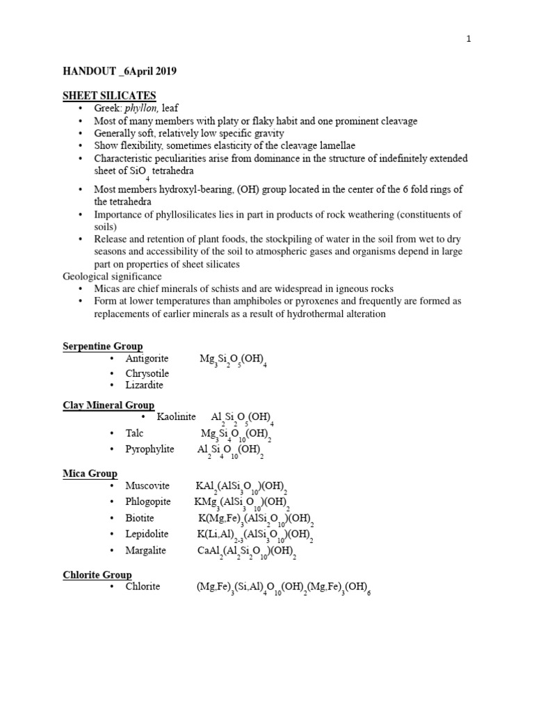 HANDOUT 12 - Sheet and Ring Silicates | PDF | Minerals | Mineralogy