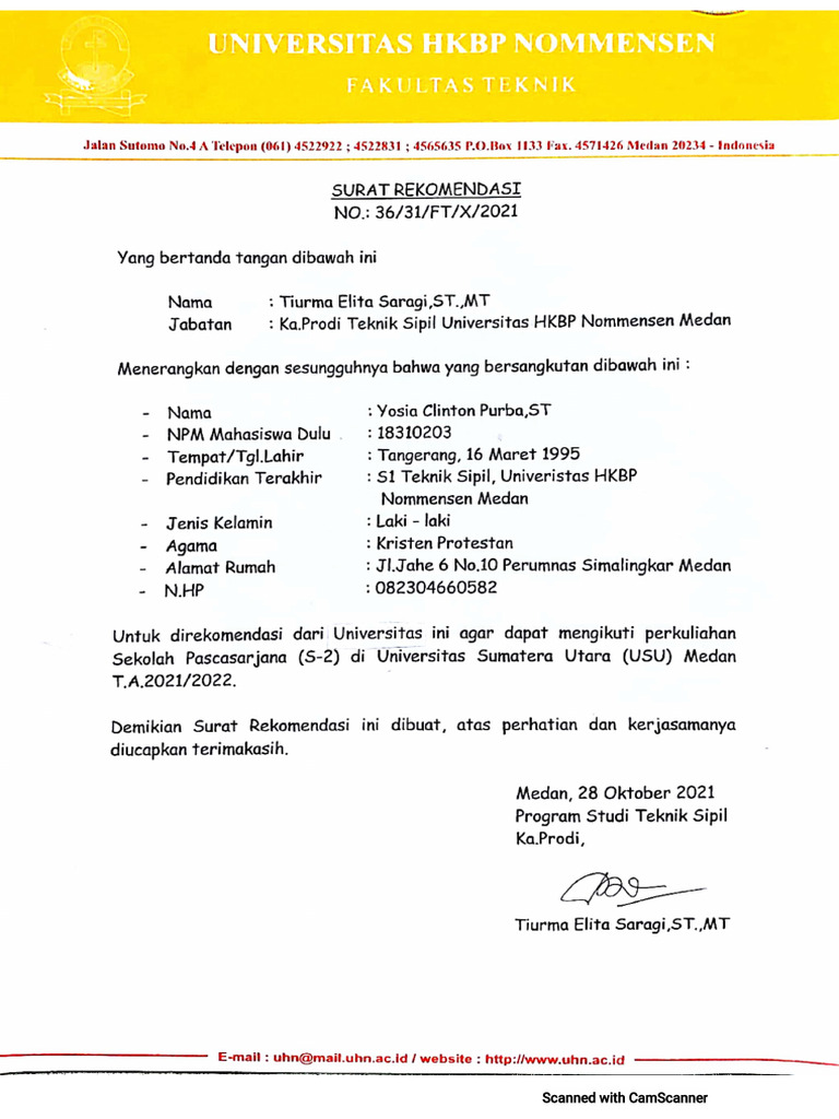 Surat Rekomendasi UHN Ibu Tiurma | PDF