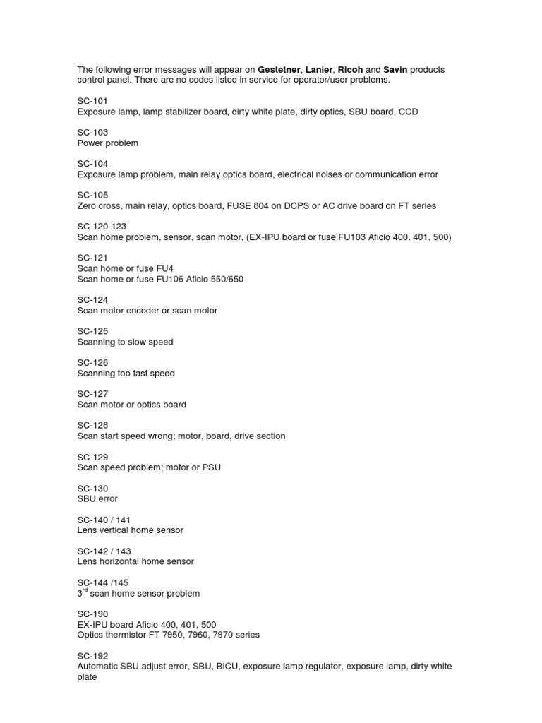 Troubleshoot Ricoh, Savin, Lanier and Gestetner copier error codes | PDF | Image Scanner | Read ...