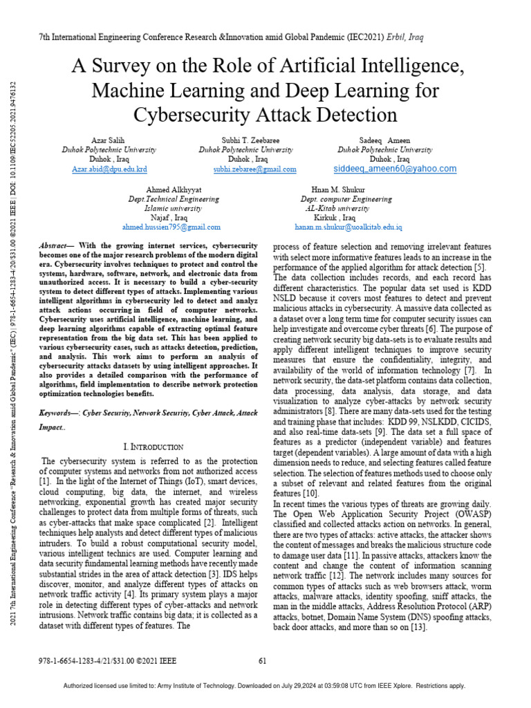 A Survey On The Role of Artificial Intelligence Machine Learning and Deep Learning For ...