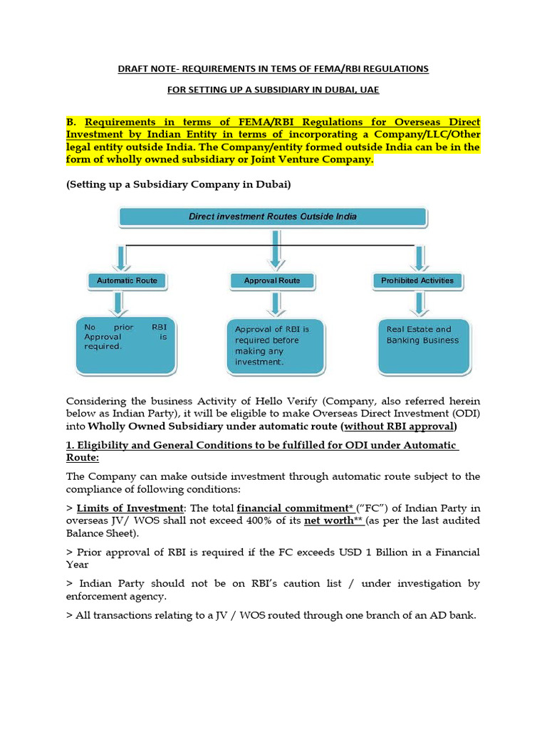 Draft Note - RBI Regulations - Setting Up Subsidiary in Dubai | PDF ...