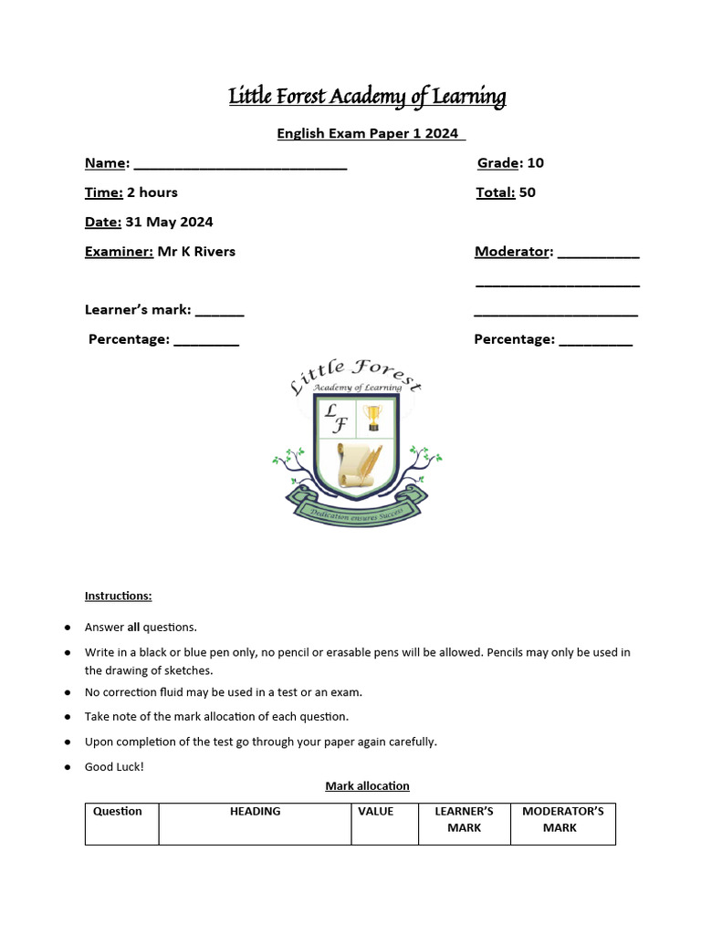 Grade 10 English Term 2 Paper 1 | PDF | Grammatical Tense