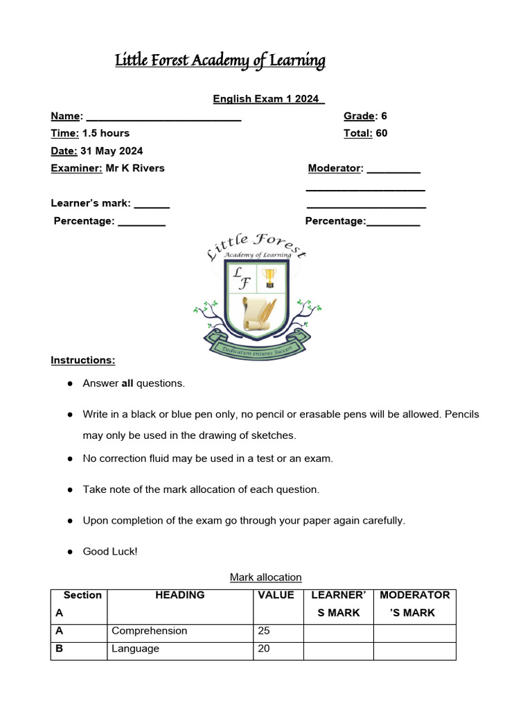 2024 Grade 6 English Exam Instructions | PDF | Poetry | Adverb