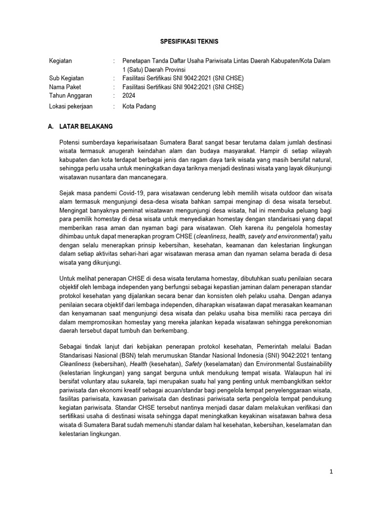 Spesifikasi Teknis Sertifikasi SNI CHSE | PDF | Bisnis