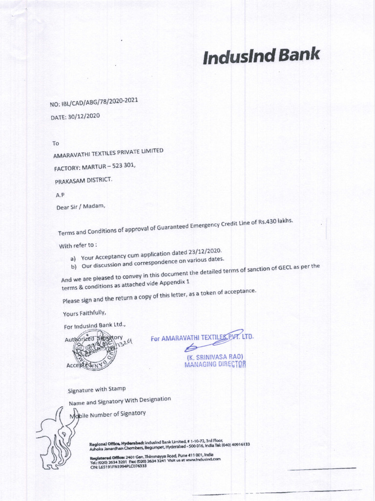 Induslnd Gecl Sanction Letter | PDF | Banks | Loans
