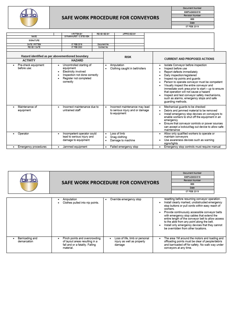 Conveyor Safety Work Procedure | PDF | Occupational Safety And Health ...